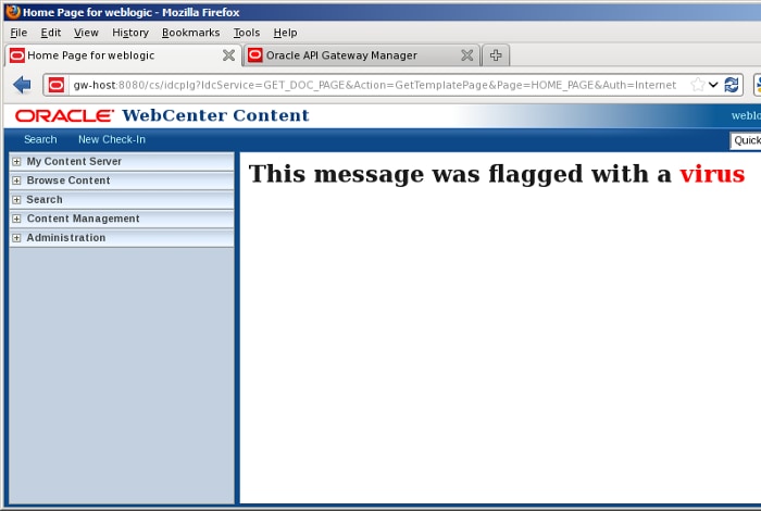 使用 Oracle API Gateway 11g 保护 Oracle WebCenter Content 11g 免受病毒侵害