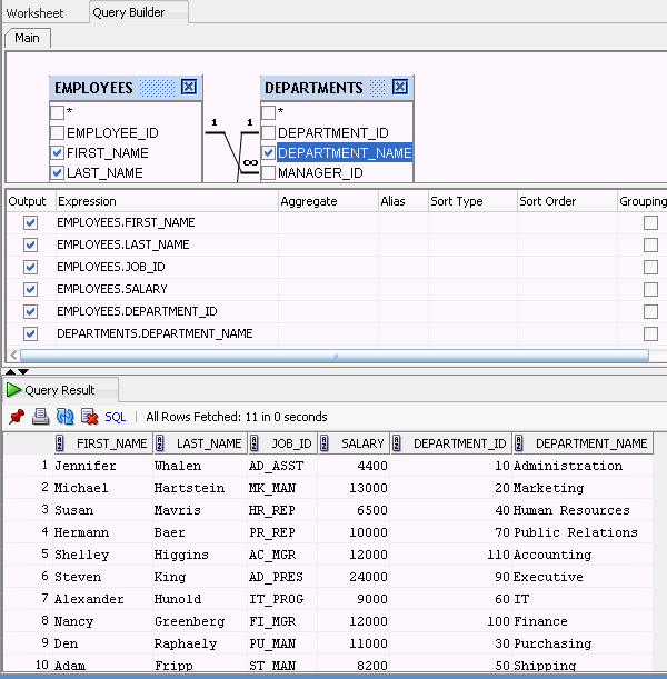 Oracle SQL Developer 3.0でのクエリー・ビルダーの使用