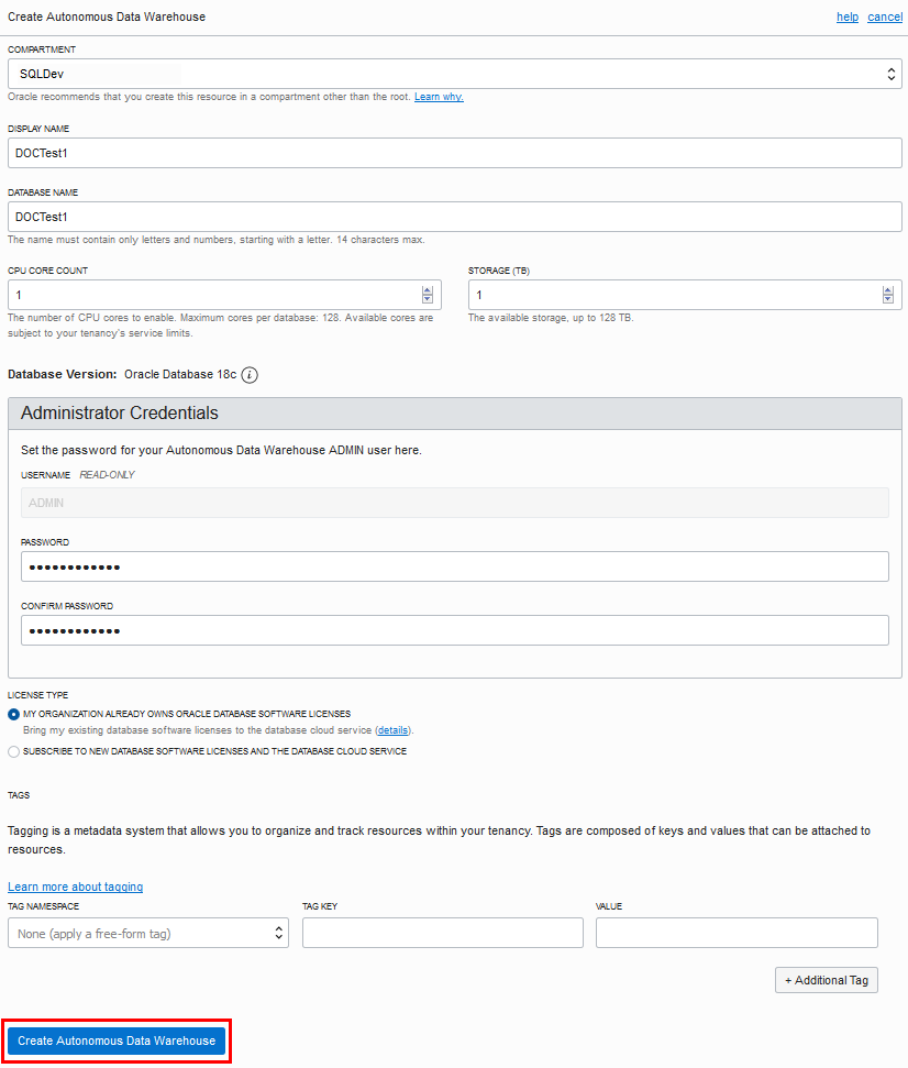 Provisioning Autonomous Data Warehouse Cloud