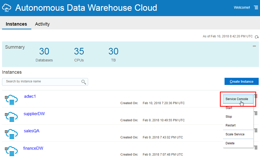 Provisioning Autonomous Data Warehouse Cloud