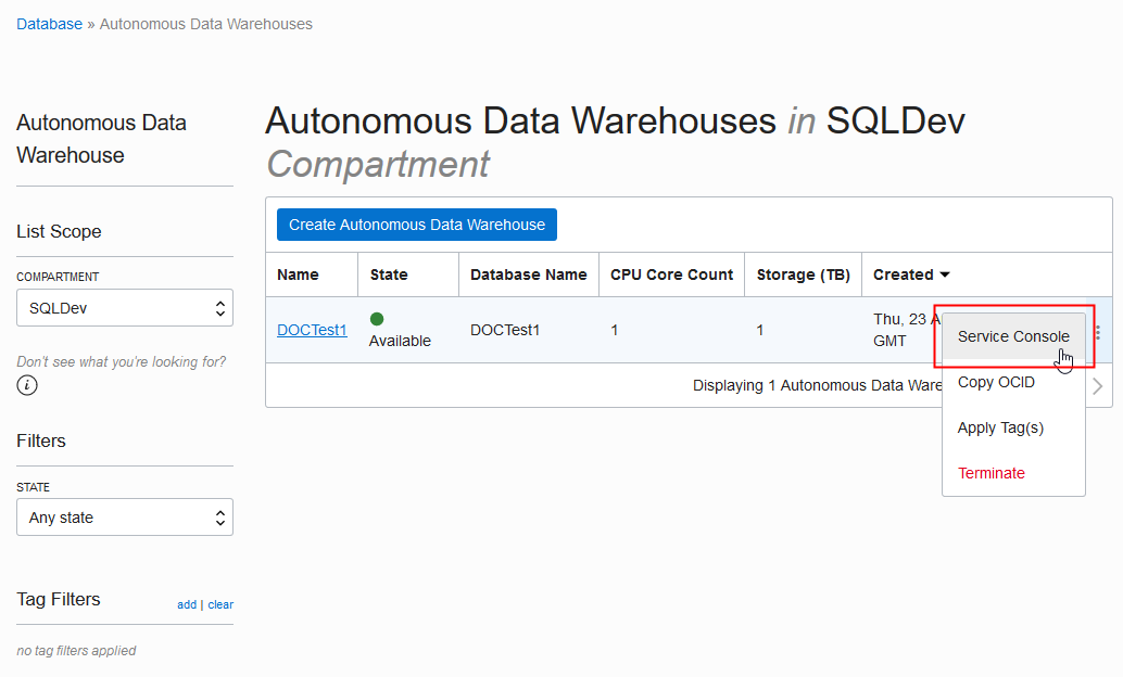 Provisioning Autonomous Data Warehouse Cloud