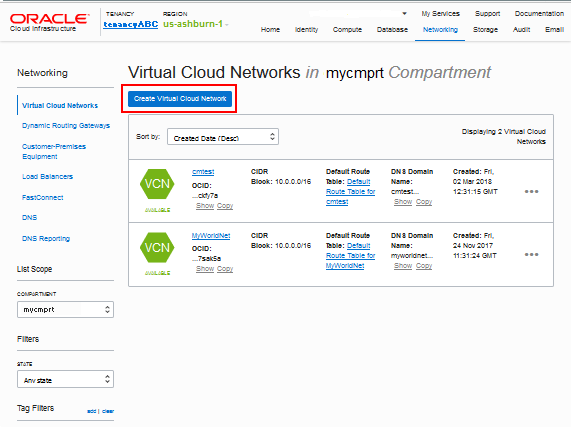 Create a Virtual Cloud Network for Cloud Manager in the Oracle Cloud Infrastructure Console