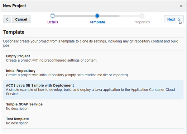 Creating a Project from a Template and Deploying It to Oracle Application Container Cloud Service