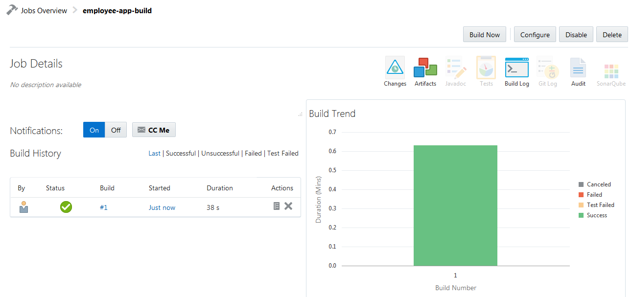 Running a Build of a Job in Oracle Developer Cloud Service