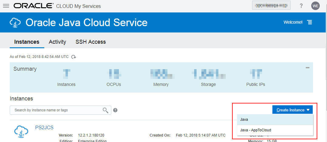 Creating an Oracle Java Cloud Service Instance for WebCenter Portal Cloud Service