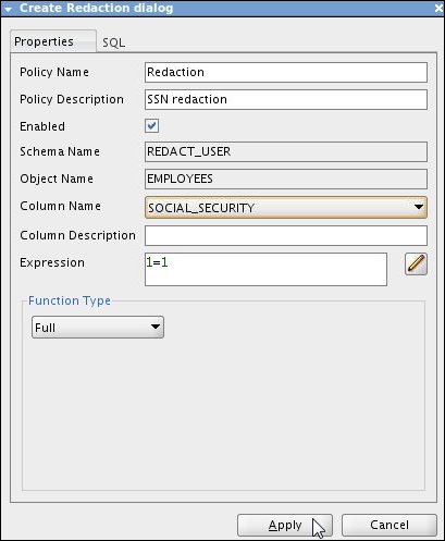 Managing Database Redaction Using Oracle SQL Developer