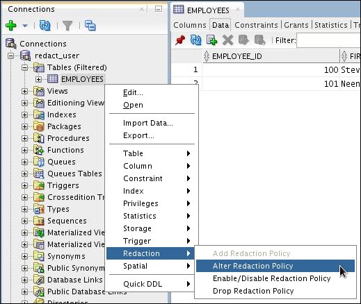 Managing Database Redaction Using Oracle SQL Developer