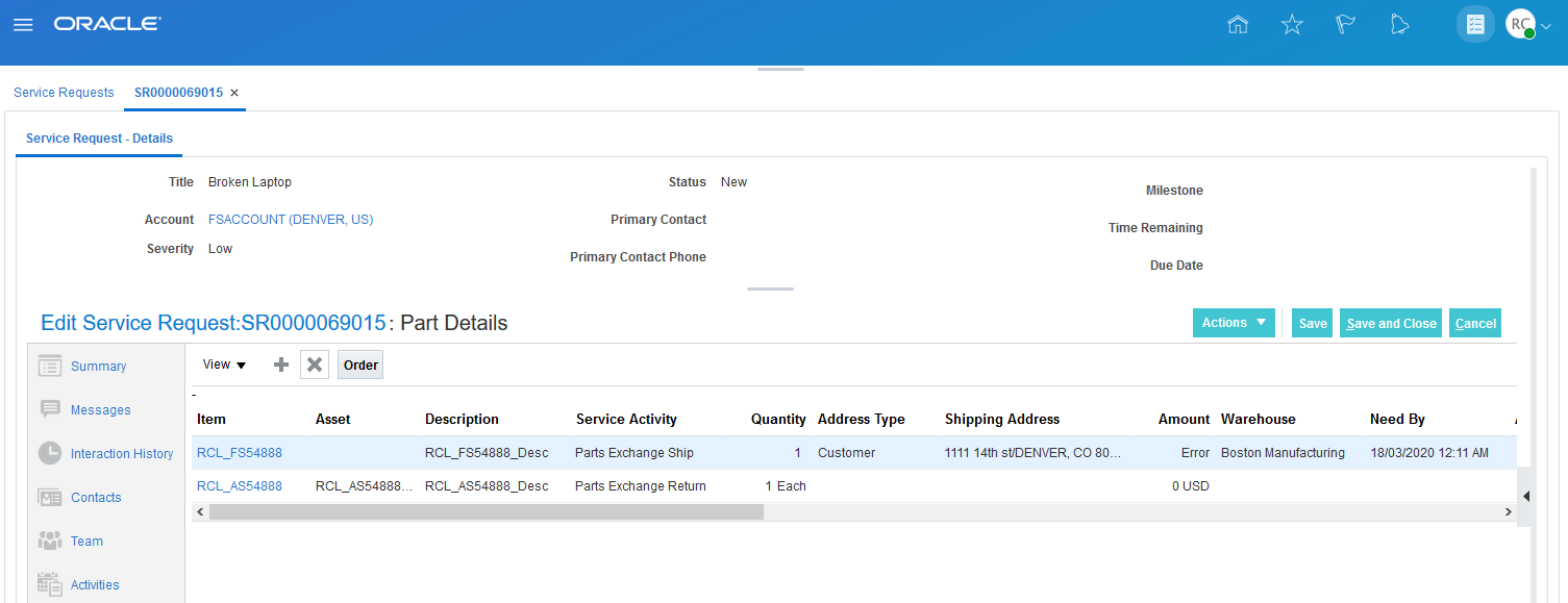 Oracle Service Logistics Cloud 20B What's New